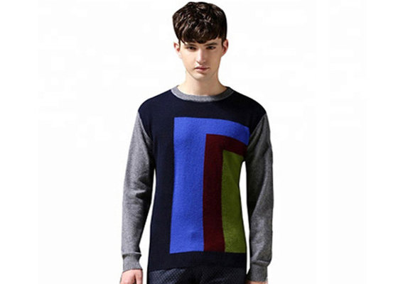 Spring Mens Cotton Pullover 12 Gauge Crew Neck Intarsia Patterns Colourful Jumper