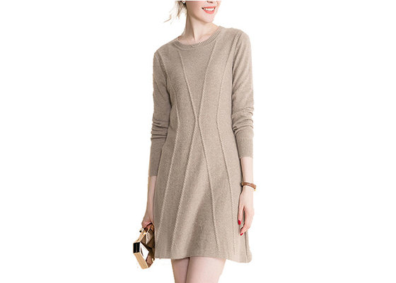 Round Neck 100% Cashmere Sweater Women Cable Knit Long Dress In Autumn