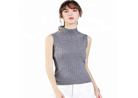 Grey Stylish Wool Ladies Sweater Vest Round Neck Turtleneck Collar Design