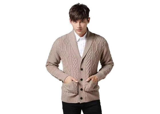 Chunky Knit Cotton Acrylic Cable Mens Shawl Collar Cardigan Sweater