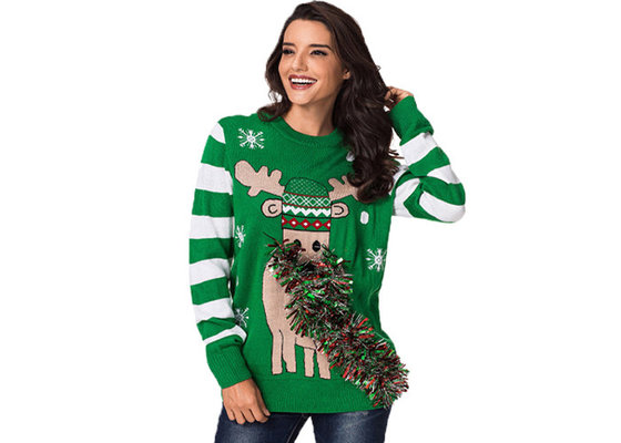 British Style Ugly Christmas Sweater Green Round Neck Animal Elk Pattern
