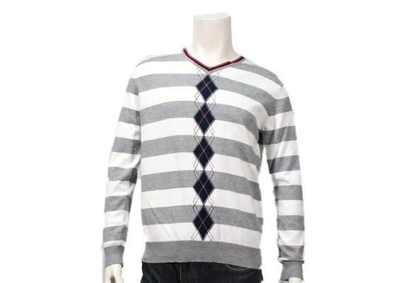 Mens Spring Intarsia Knitting Patterns V Neck Soft Yarn Striped Pullover Sweater