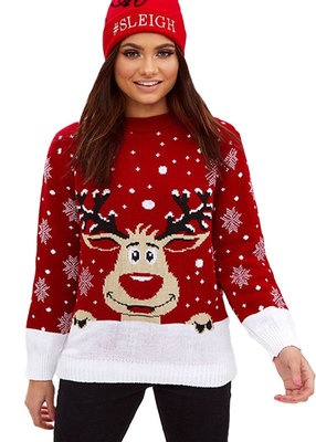 Woman Funny Christmas Moose Patterned Round Neck Sweater Pullover Style