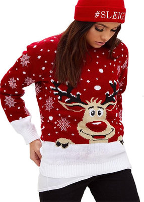 Woman Funny Christmas Moose Patterned Round Neck Sweater Pullover Style