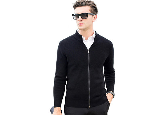 Mens Full Zip Cardigan Sweater , Mens Black Long Sleeve Cardigan Wool Sweater