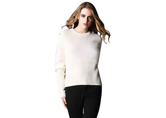 Pure White Women Cozy Knit Sweater Computer Knitted Technics OEM / ODM
