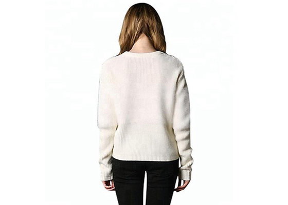 Pure White Women Cozy Knit Sweater Computer Knitted Technics OEM / ODM