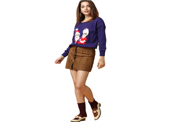 Merry Christmas Sweater Santa Claus Round Neck Blue Jumper Womens