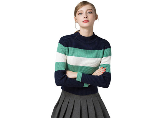 Rib Long Sleeve Womens Knit Sweater Round Neck Stripe Knitted Pullover Style