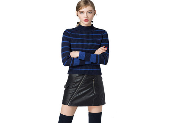 Rib Long Sleeve Womens Knit Sweater Round Neck Stripe Knitted Pullover Style