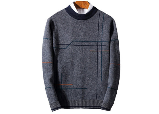 Crew Neck Mens Pullover Sweater Striped Pattern Intarsia Design For Winter