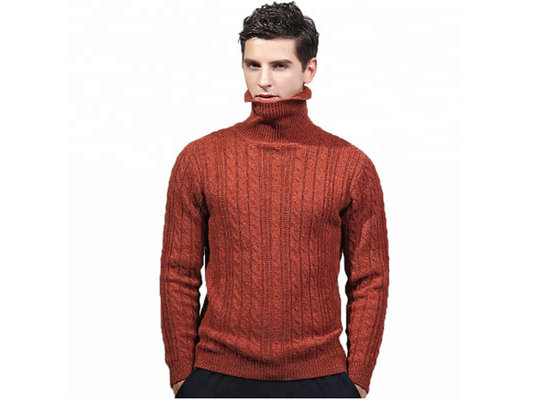 Red Cable Mens High Neck Jumper, Knit Pullover Acrylic Thick Turtleneck Sweater