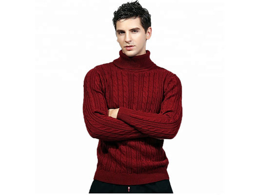 Red Cable Mens High Neck Jumper, Knit Pullover Acrylic Thick Turtleneck Sweater