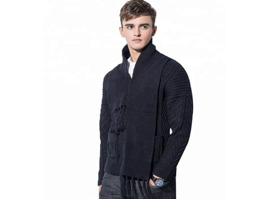 Black Acrylic Button Mens Knit Sweater ，Winter Cardigan Sweater With Knitted Scarf