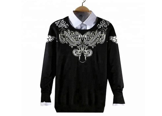 Crew Neck Nylon Long Sleeve Mens Black Pullover Sweater With Jacquard Pattern