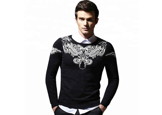 Crew Neck Nylon Long Sleeve Mens Black Pullover Sweater With Jacquard Pattern