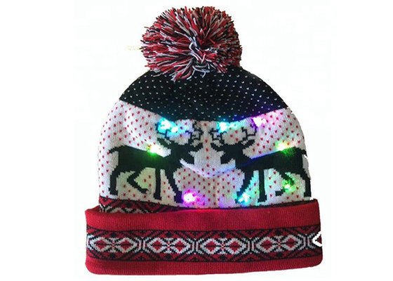 Acrylic Christmas Kids Knit Beanie Embroidered Patterns With LED Lights