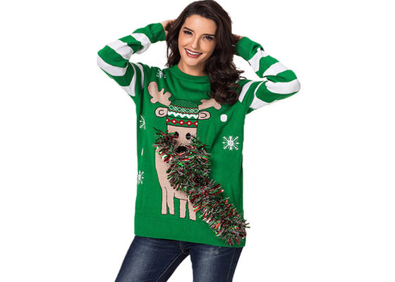 British Style Ugly Christmas Sweater Green Round Neck Animal Elk Pattern