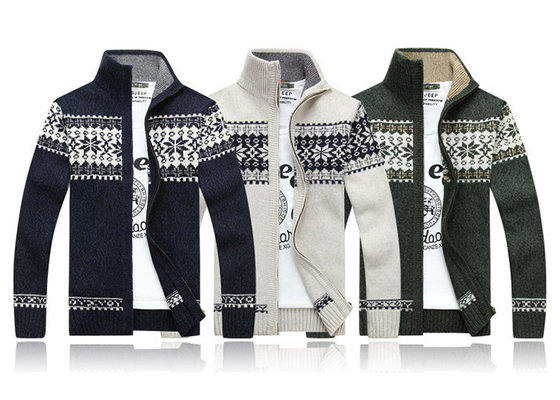 Autumn Stand Collar Long Sleeve  Zip With Knitted Jacquard Cardigan Mens Sweater
