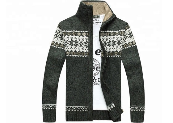 Autumn Stand Collar Long Sleeve  Zip With Knitted Jacquard Cardigan Mens Sweater