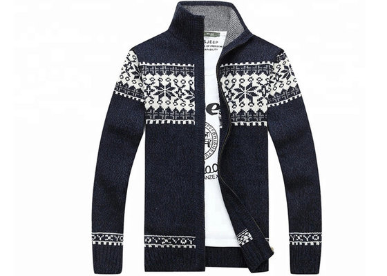 Autumn Stand Collar Long Sleeve  Zip With Knitted Jacquard Cardigan Mens Sweater