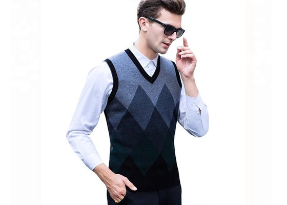 Plaid Jacquard Pattern Mens Knit Sweater , Autumn V Neck Sleeveless Sweater Vest