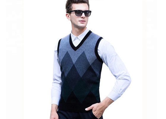 Plaid Jacquard Pattern Mens Knit Sweater , Autumn V Neck Sleeveless Sweater Vest