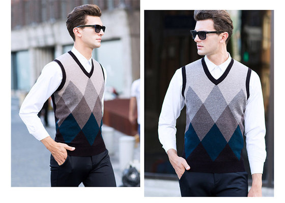 Plaid Jacquard Pattern Mens Knit Sweater , Autumn V Neck Sleeveless Sweater Vest