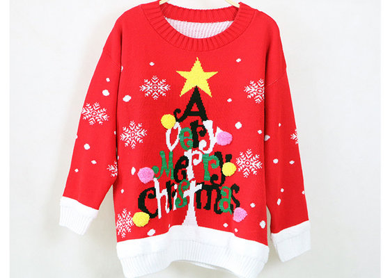 Women Acrylic Jacquard Christmas Sweater Red And Black Computer Knitted
