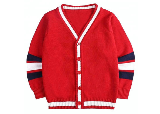 Children Knitted Girls Red School Cardigan Sweater Striped Sleeve Pattern