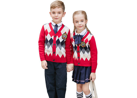 Embroidery Logo School Uniform Sweaters Red Navy Pure Cotton Argyle Pattern
