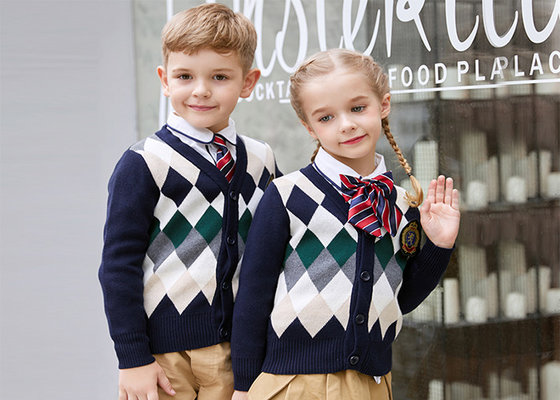 Embroidery Logo School Uniform Sweaters Red Navy Pure Cotton Argyle Pattern