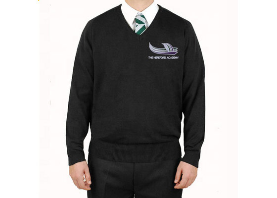 Kids Navy Winter School Uniform Sweaters Customized Ribbed Cuffs And Hem