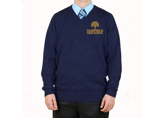 Kids Navy Winter School Uniform Sweaters Customized Ribbed Cuffs And Hem
