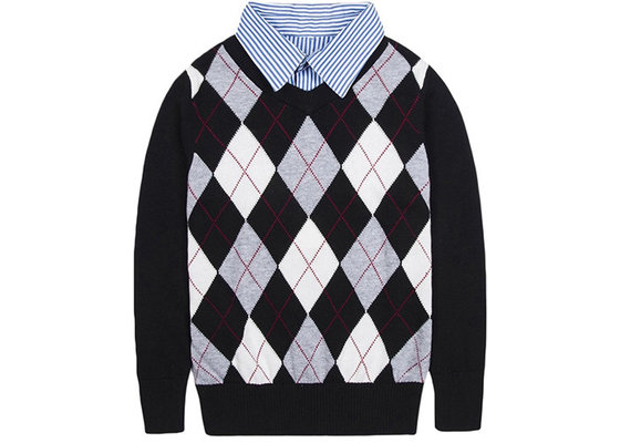 British Student Long Sleeved School Uniform Sweaters Cotton Intarsia Check