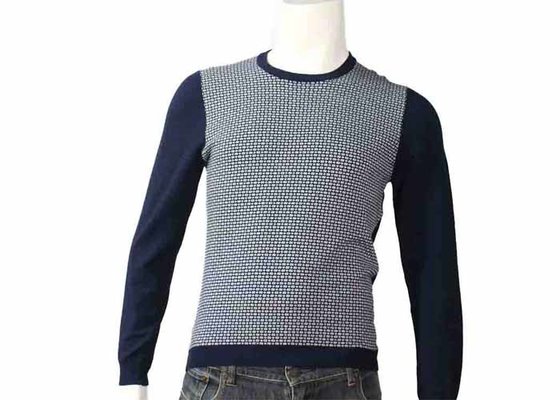 Men Jacquard Knit Winter Navy Round Neck Pullover Sweater Cotton And Polyester
