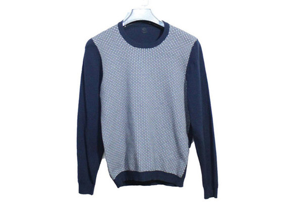 Men Jacquard Knit Winter Navy Round Neck Pullover Sweater Cotton And Polyester