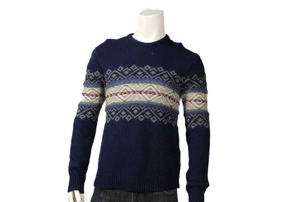 Jacquard Mens Knit Sweater Woolen Navy O Neck Rib Sleeve Pullover Sweater
