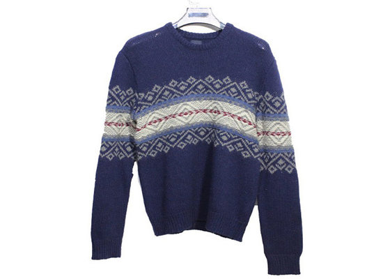 Jacquard Mens Knit Sweater Woolen Navy O Neck Rib Sleeve Pullover Sweater