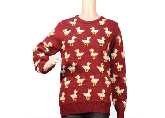 Ladies Crew Neck Red Mohair Pullover Sweater 9 Gauge Cute Duck Knitted Pattern