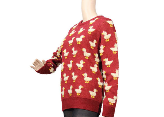 Ladies Crew Neck Red Mohair Pullover Sweater 9 Gauge Cute Duck Knitted Pattern