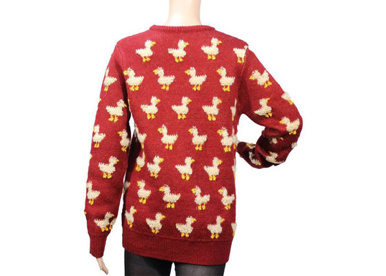Ladies Crew Neck Red Mohair Pullover Sweater 9 Gauge Cute Duck Knitted Pattern