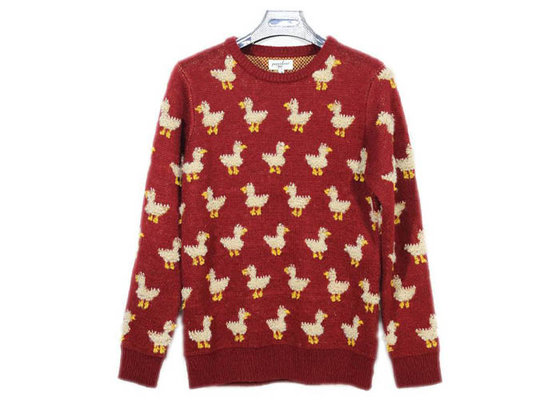 Ladies Crew Neck Red Mohair Pullover Sweater 9 Gauge Cute Duck Knitted Pattern
