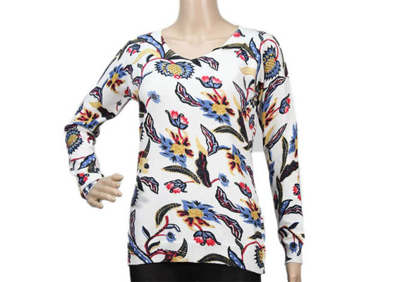 Thin 12GG White Long Sleeve Womens Crew Neck Sweater Printed Flower Pattern