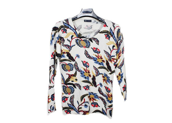 Thin 12GG White Long Sleeve Womens Crew Neck Sweater Printed Flower Pattern