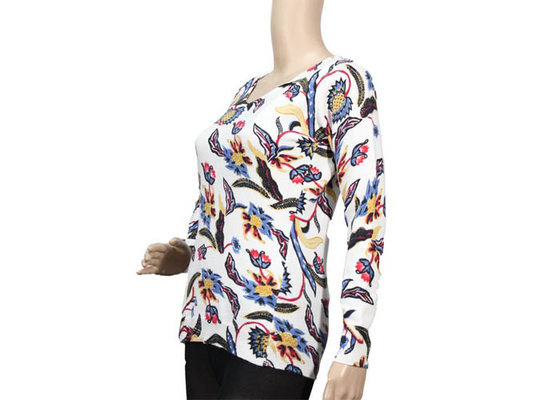 Thin 12GG White Long Sleeve Womens Crew Neck Sweater Printed Flower Pattern