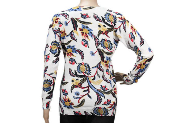 Thin 12GG White Long Sleeve Womens Crew Neck Sweater Printed Flower Pattern