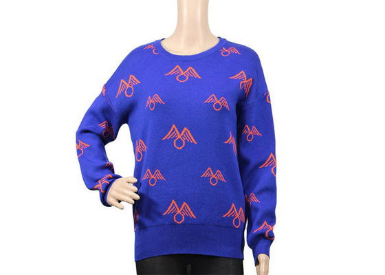 Long Blue Acrylic Jacquard Womens Knit Sweater Breathable Autumn Round Neck Sweater