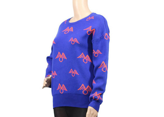Long Blue Acrylic Jacquard Womens Knit Sweater Breathable Autumn Round Neck Sweater