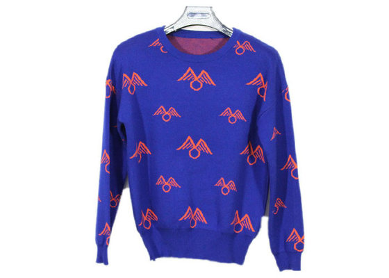 Long Blue Acrylic Jacquard Womens Knit Sweater Breathable Autumn Round Neck Sweater